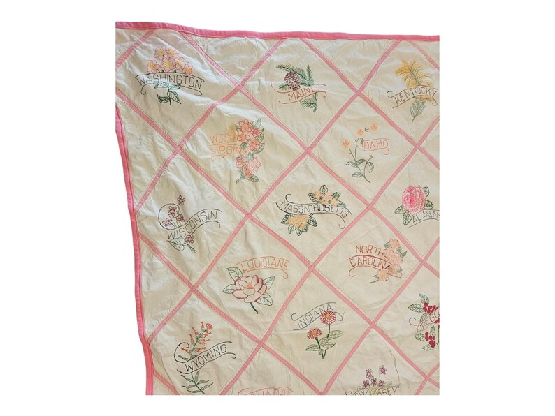 Vintage 50 State Flowers Quilt Handmade Pink and White 85x65 - Etsy