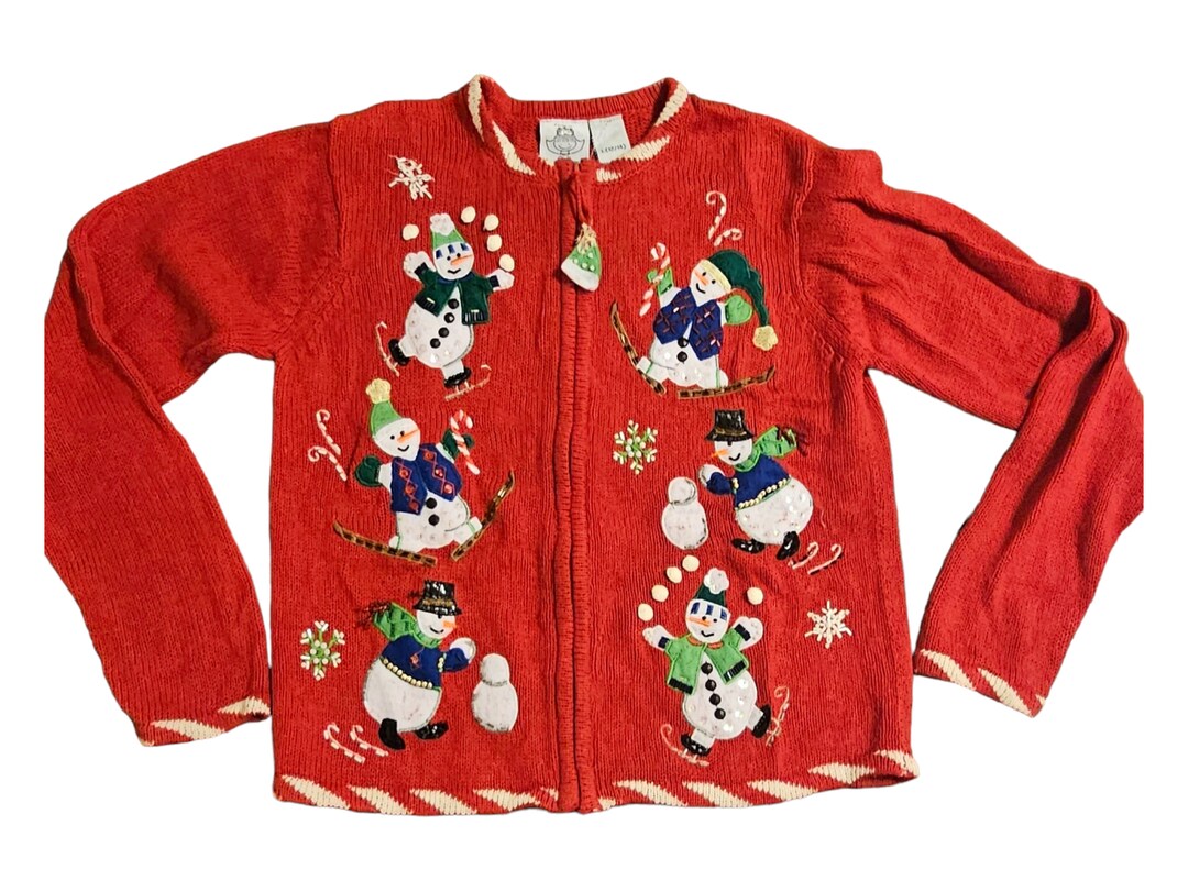 Vintage Tiara Girls ugly Christmas Sweater Cardigan Red W/ Snowmen Girls Large/women XS - Etsy