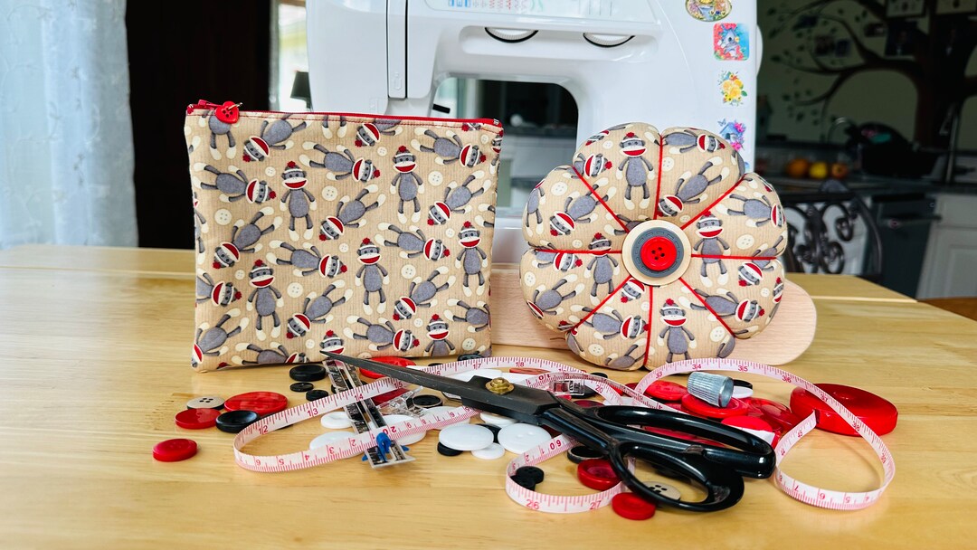 Handmade Sock Monkey Jumbo Pincushion and Project Bag/zipper Pouch for ...