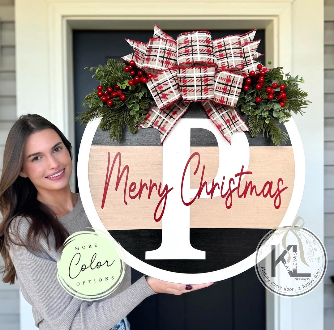 Christmas Front Door Decor | Last Name/initial | Christmas Wreath ...