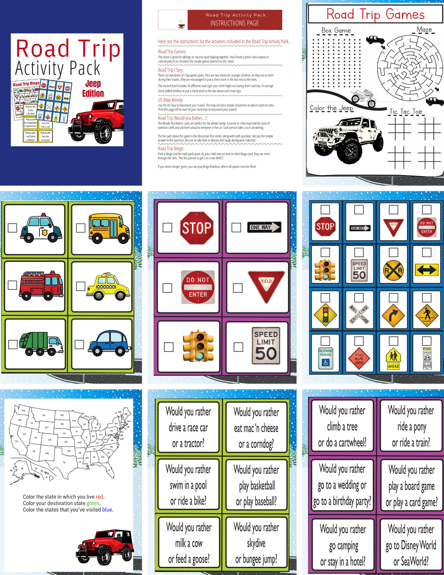 Road Trip Activity Pack for Kids - Jeep Edition (29 Activity Pages) - Etsy