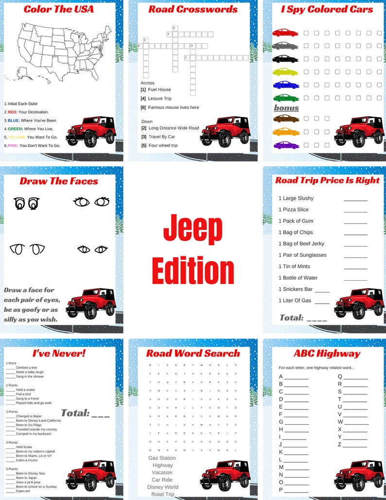Road Trip Activity Pack for Kids - Jeep Edition (29 Activity Pages) - Etsy