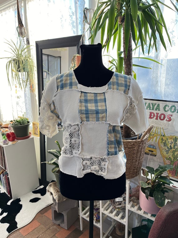 Vintage mixed pattern patchwork crochet textured tee - Gem