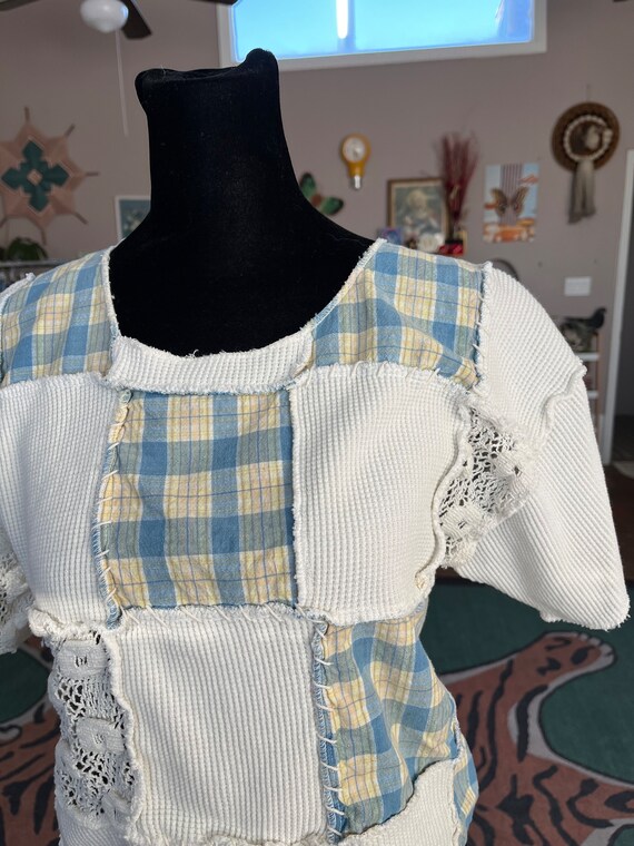 Vintage mixed pattern patchwork crochet textured tee - Gem