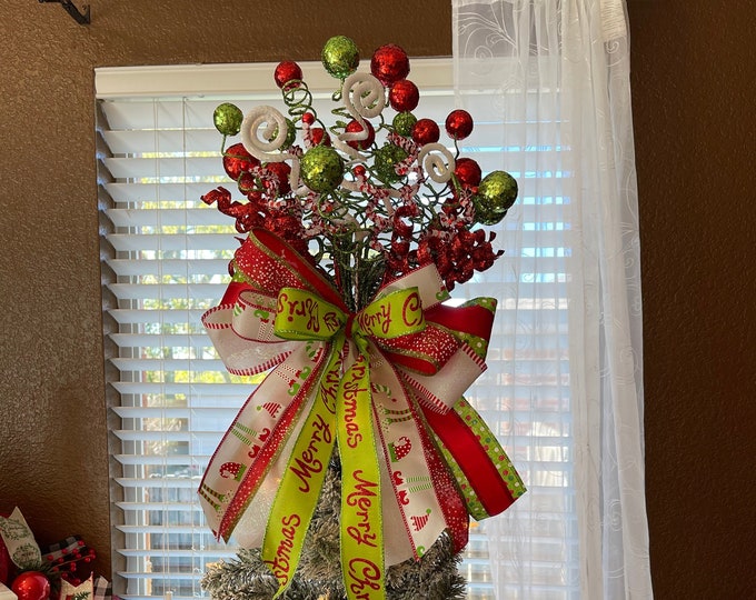 Whimsical Christmas Tree Topper, Red and Green Christmas Tree Topper ...