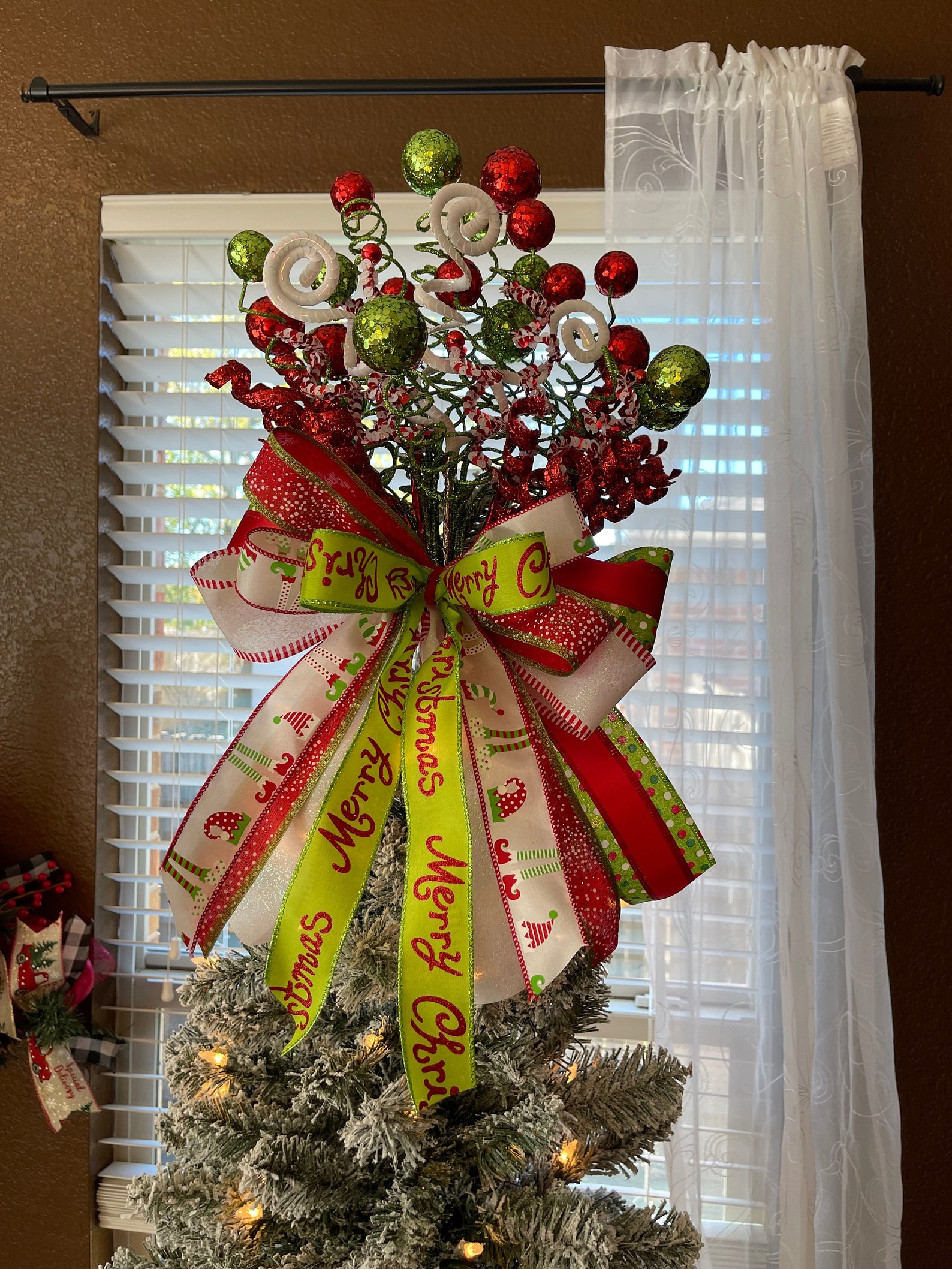 Whimsical Christmas Tree Topper, Red and Green Christmas Tree Topper ...