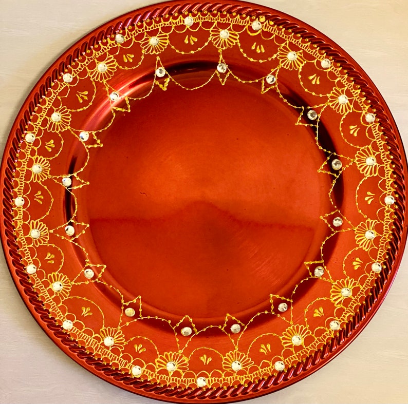 Hand-painted Henna Charger Plate, Metallic Red & Gold, Rhinestone ...