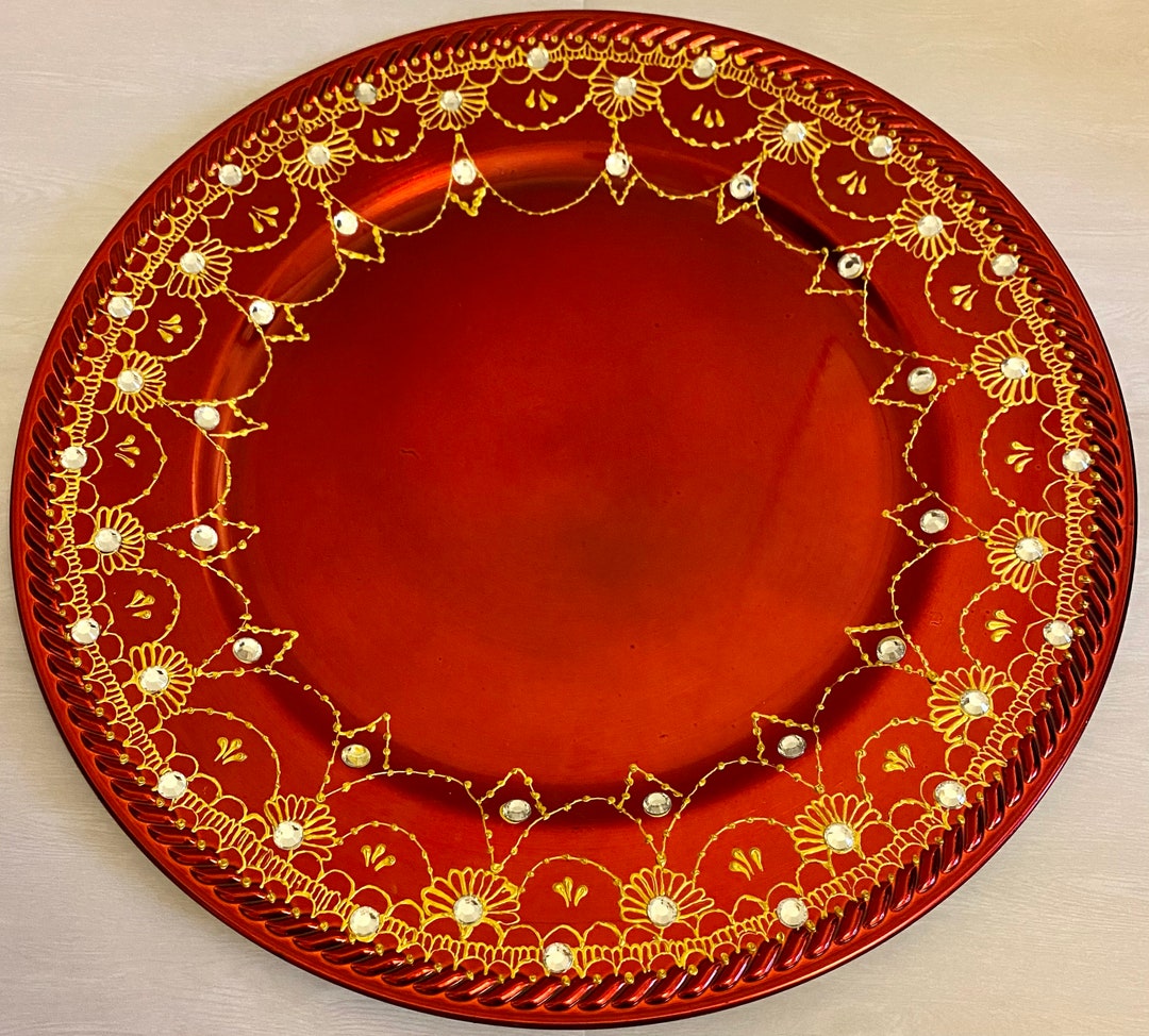 Hand-painted Henna Charger Plate, Metallic Red & Gold, Rhinestone ...