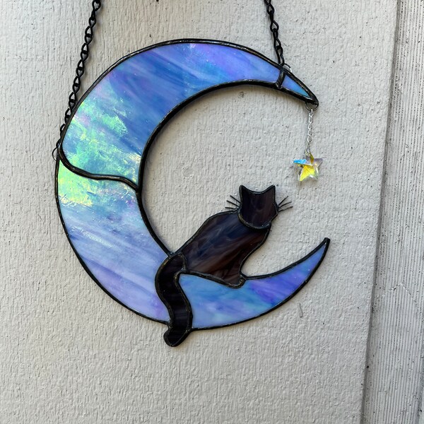 Stained Glass Cat With Moon - Etsy