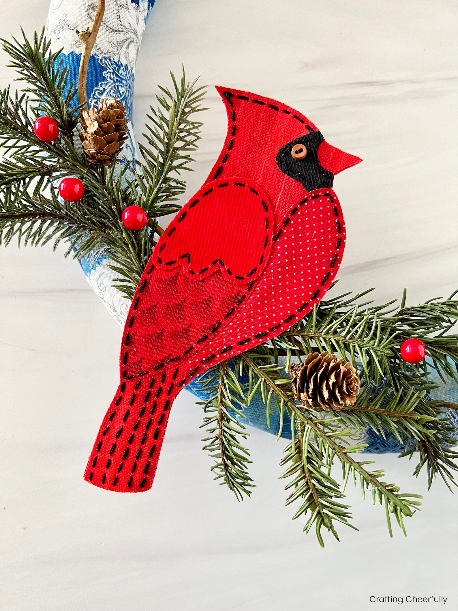 Cardinal Bird Pattern, Felt and Fabric Embroidered Ornament, Digital ...