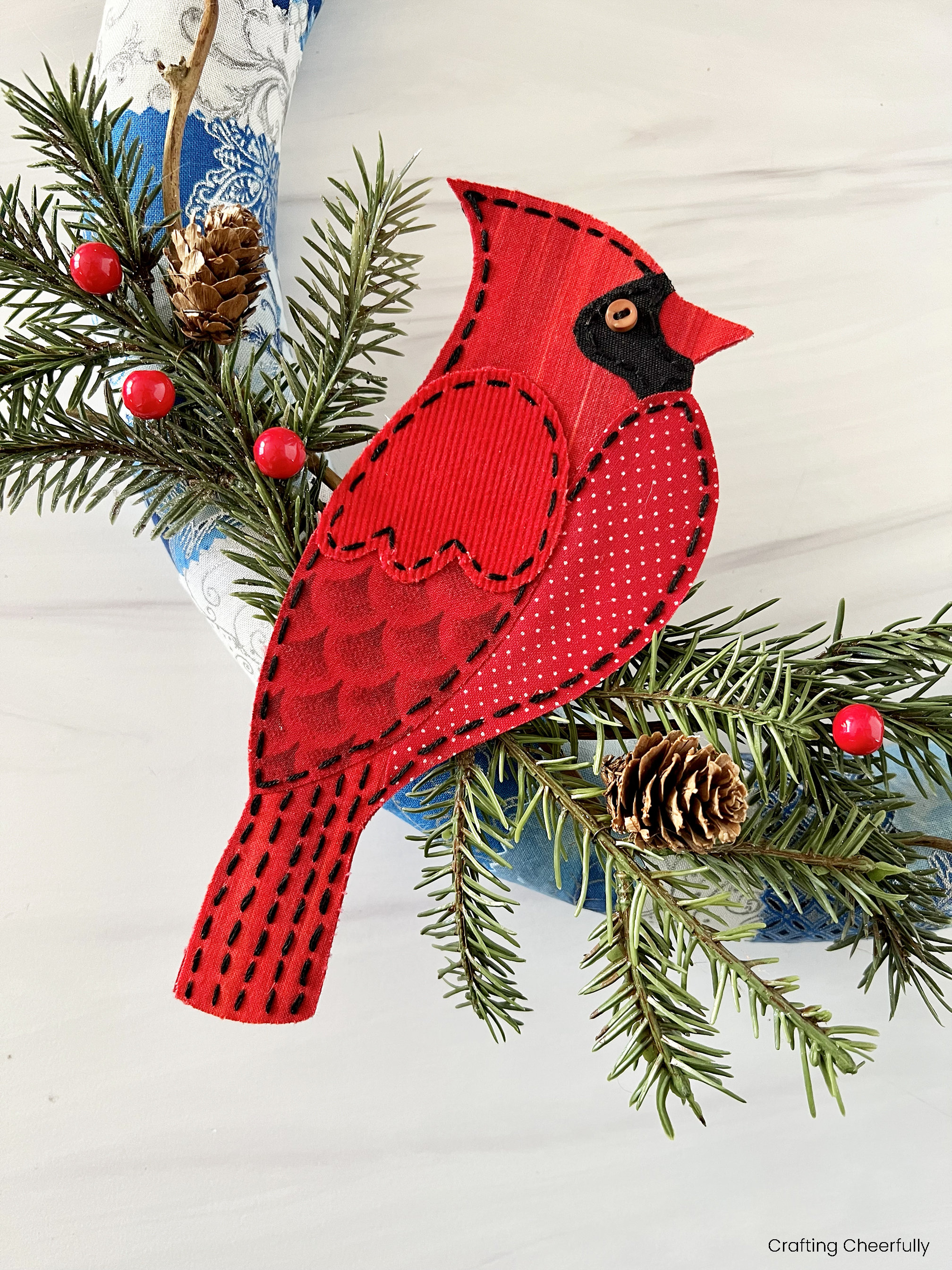 Cardinal Bird Pattern, Felt and Fabric Embroidered Ornament, Digital ...