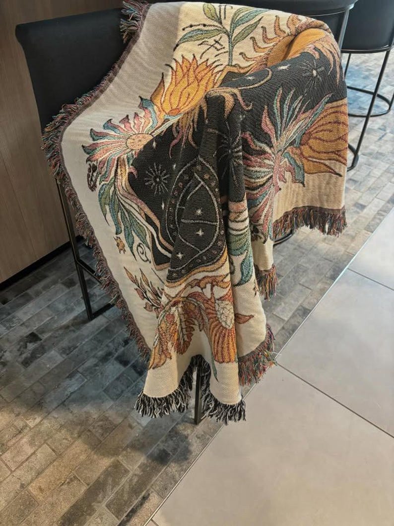 Celestial Sun and Moon Blanket, Whimsical Starry Night Floral Tapestry ...