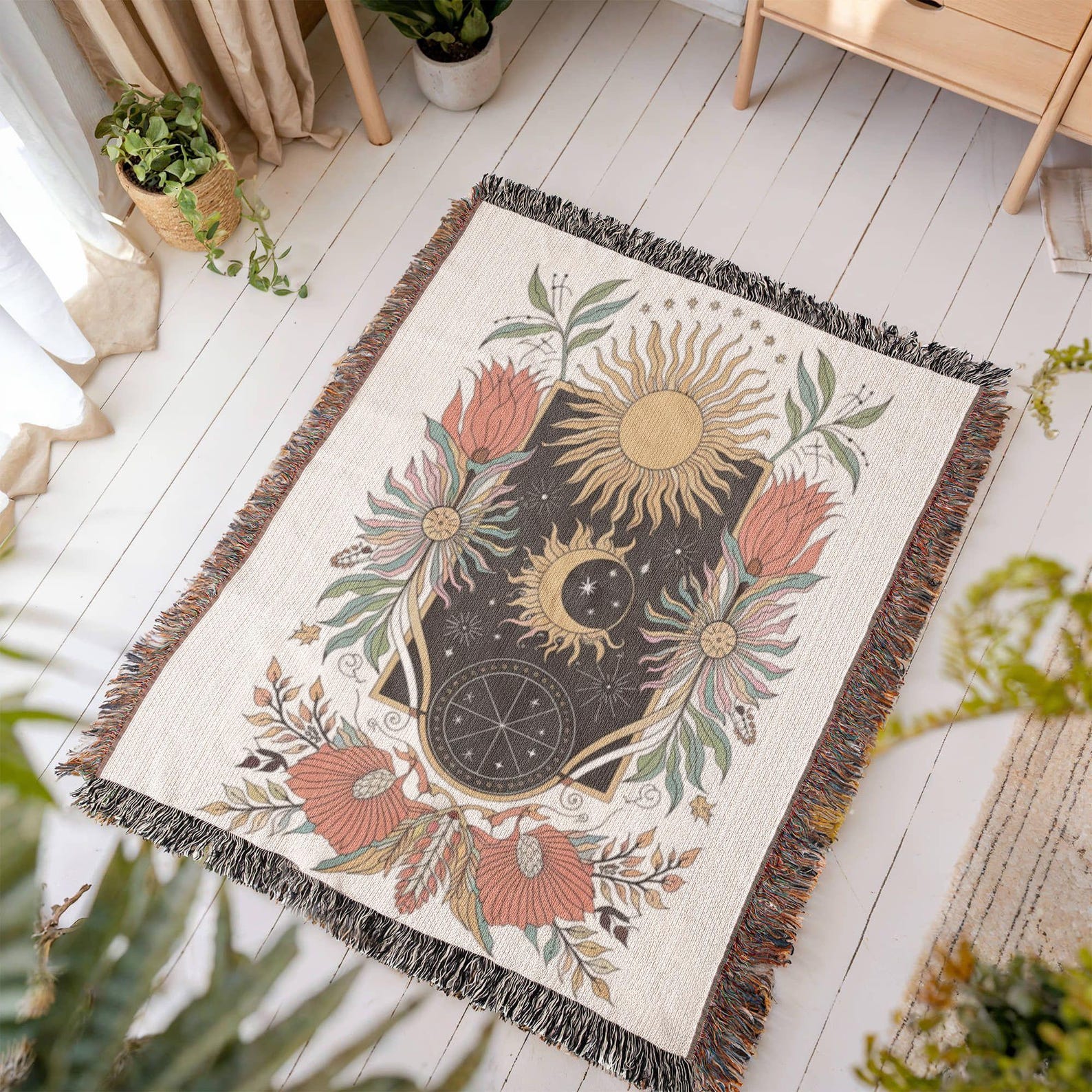 Celestial Sun and Moon Blanket, Whimsical Starry Night Floral Tapestry ...