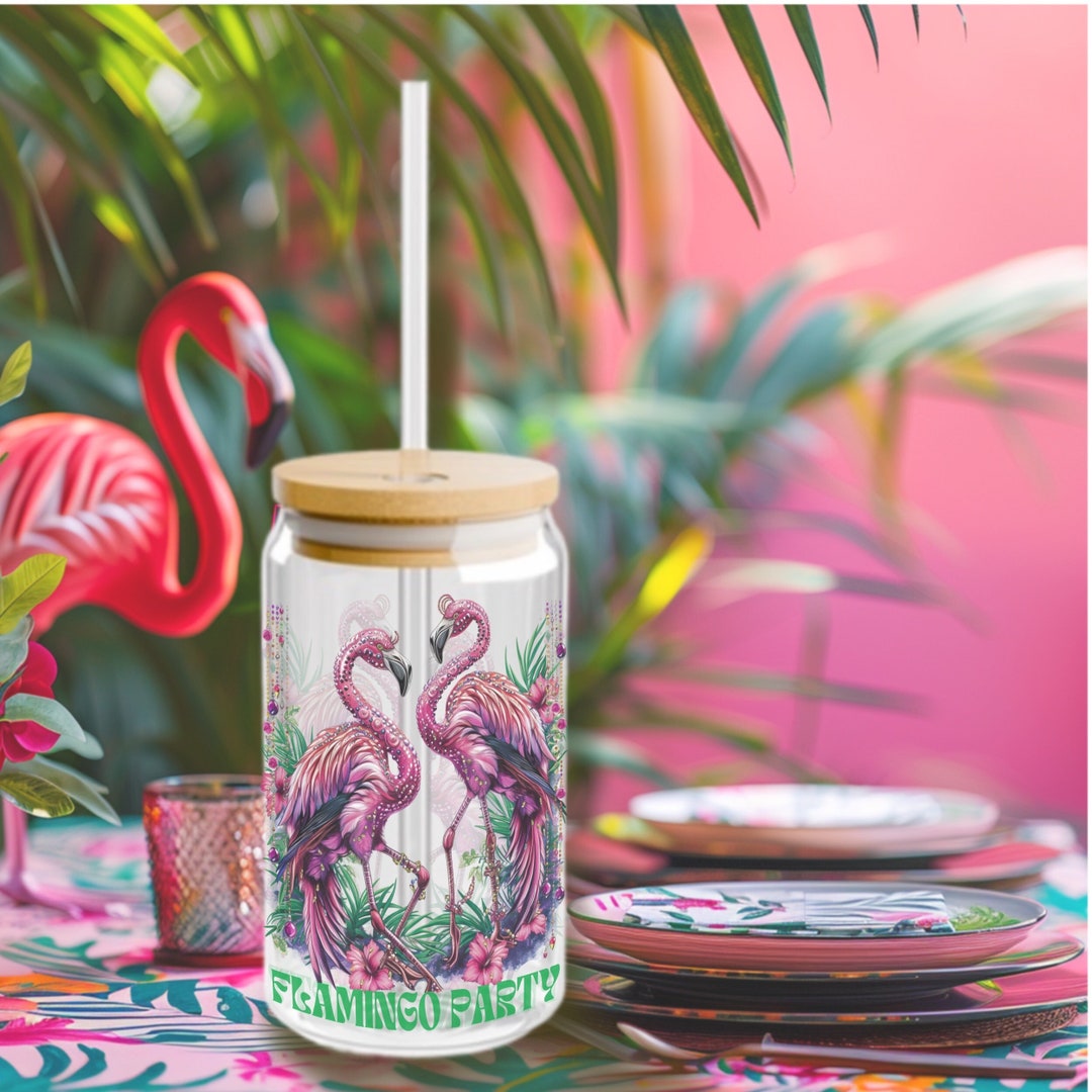Flamingo Party Tumbler Glass Cup for Women, Iced Coffee Cup With Lid ...