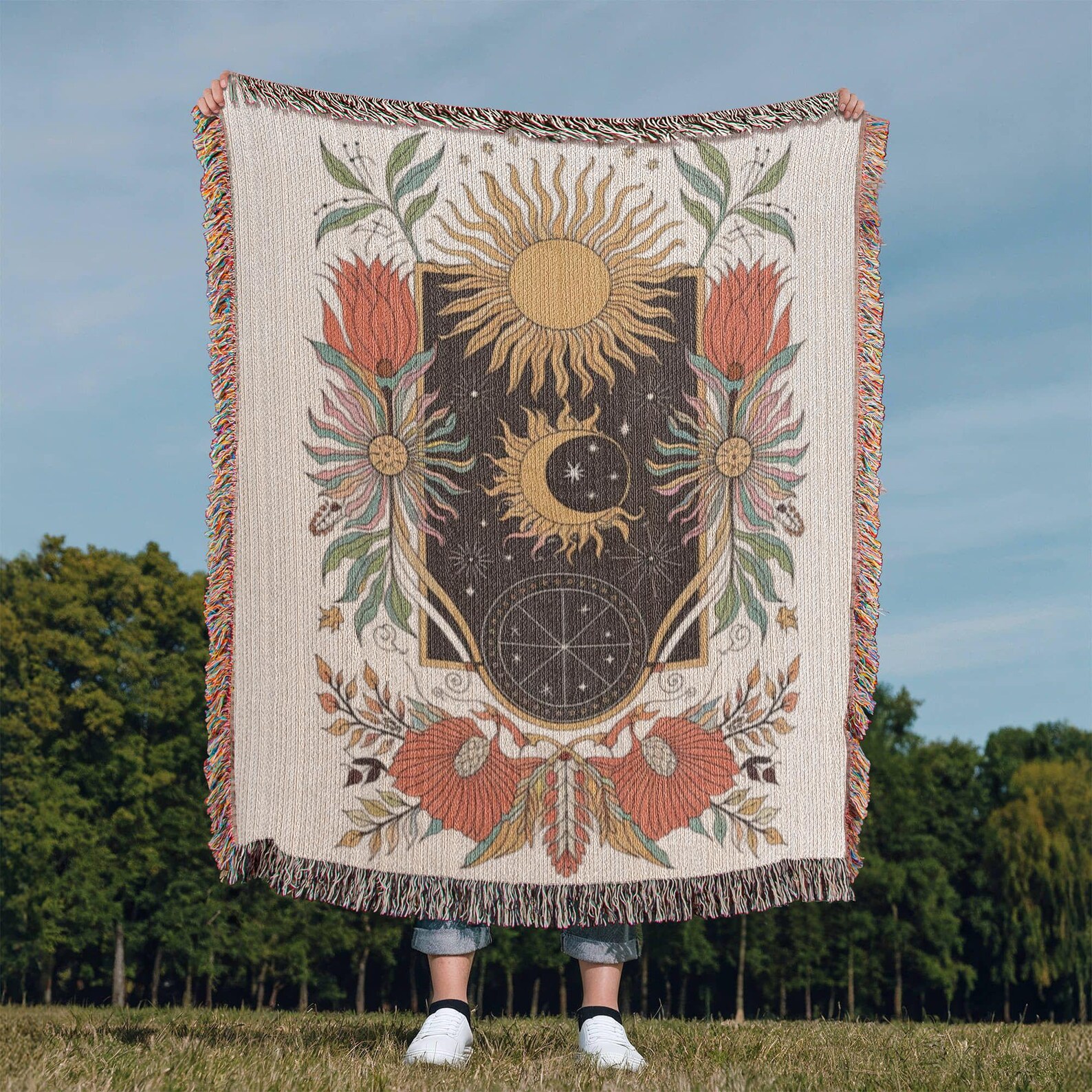 Celestial Sun and Moon Blanket, Whimsical Starry Night Floral Tapestry ...