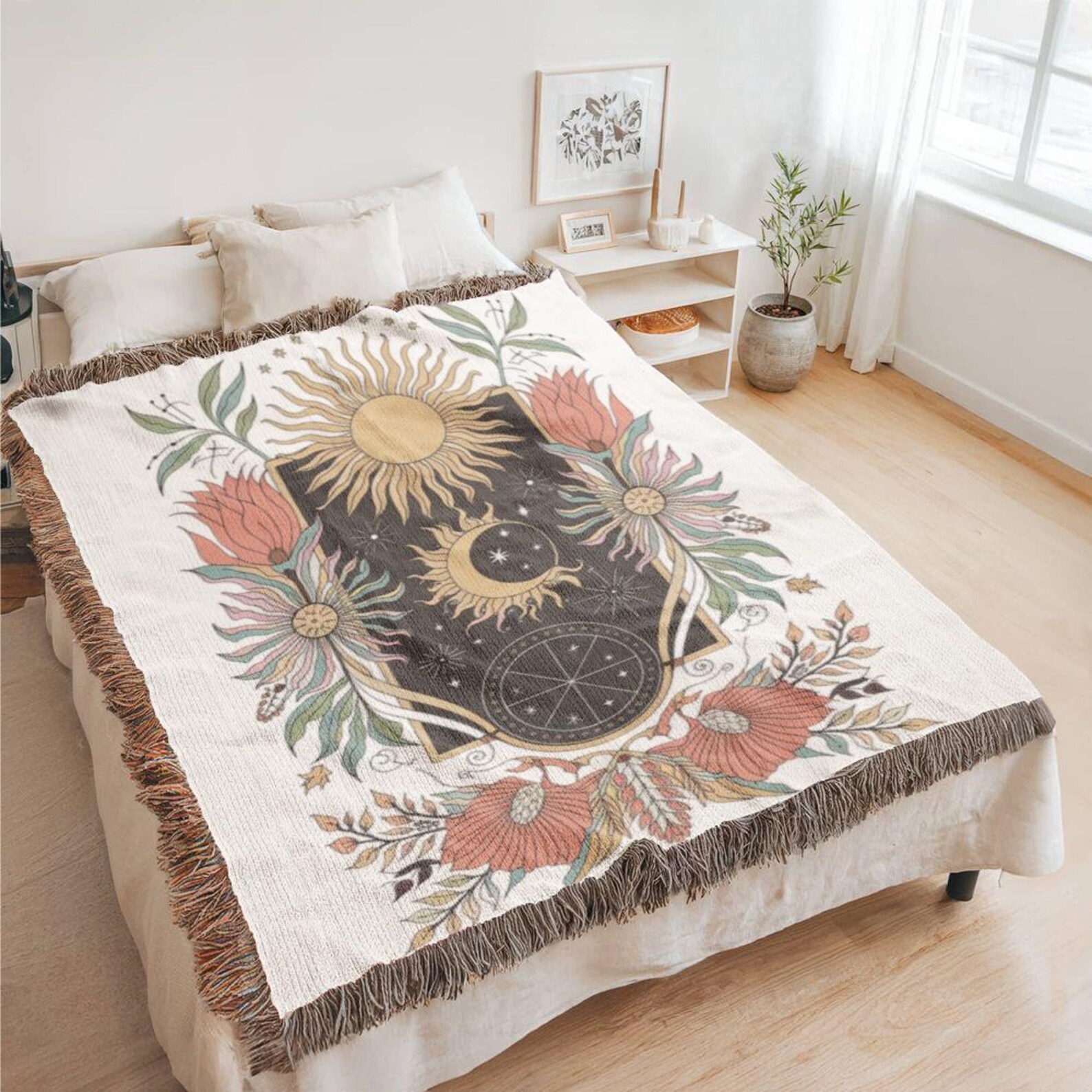 Celestial Sun and Moon Blanket, Whimsical Starry Night Floral Tapestry ...
