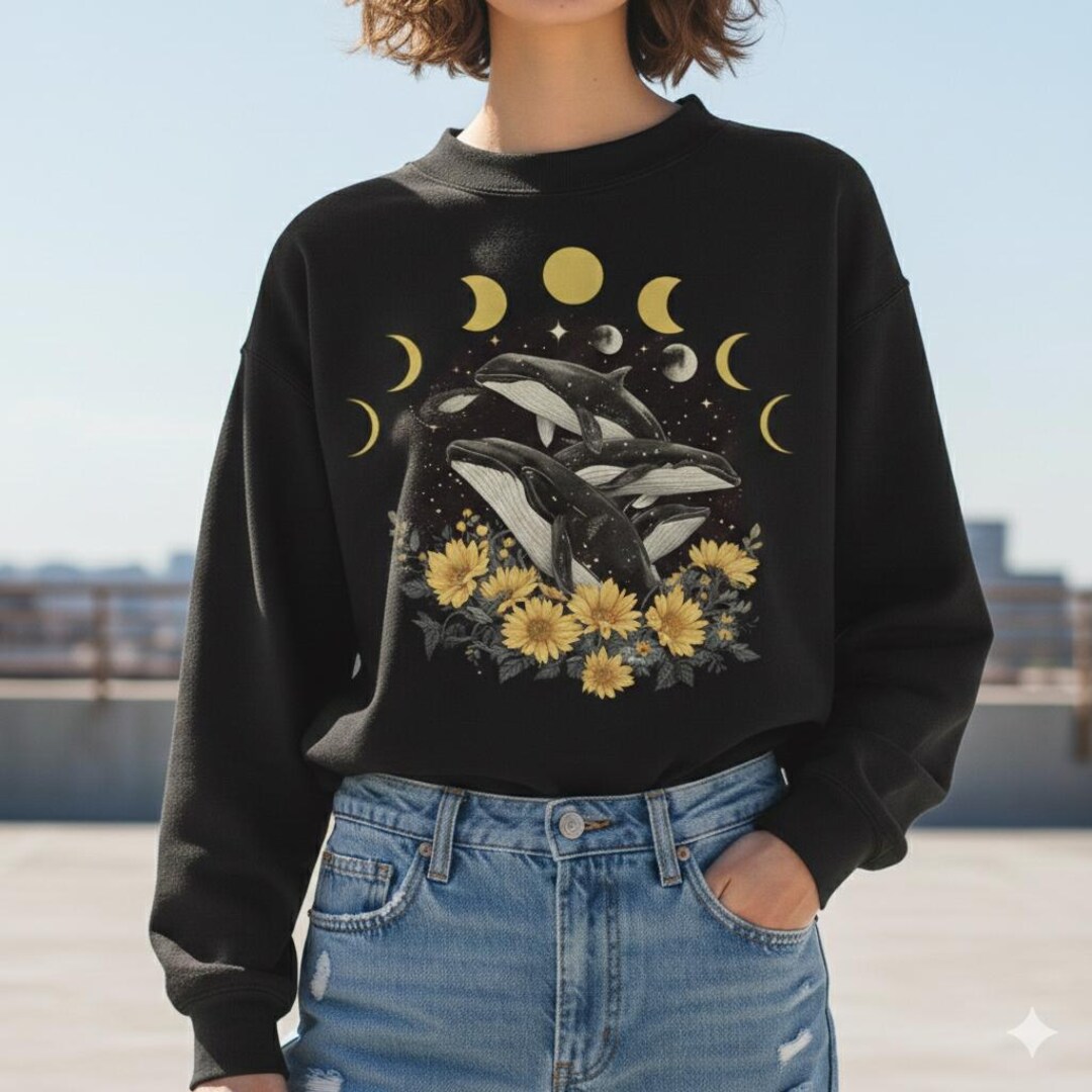 Celestial Orca Moon Phase Sweatshirt Dark Cottagecore Orca Whale Hoodie ...