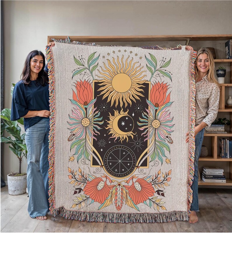 Celestial Sun and Moon Blanket, Whimsical Starry Night Floral Tapestry ...