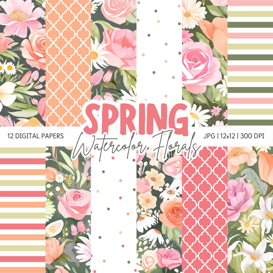 Spring Watercolor Florals Printable Papers | Commercial Use Paper ...
