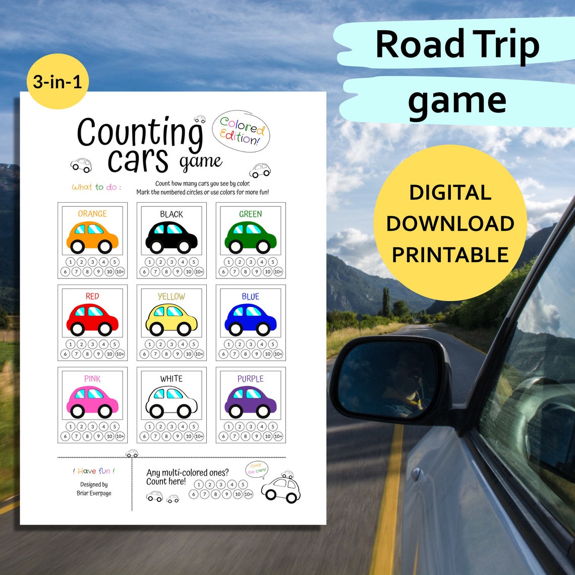 Counting Cars Game Printable, Road Trip Game, Color Cars, Count How ...