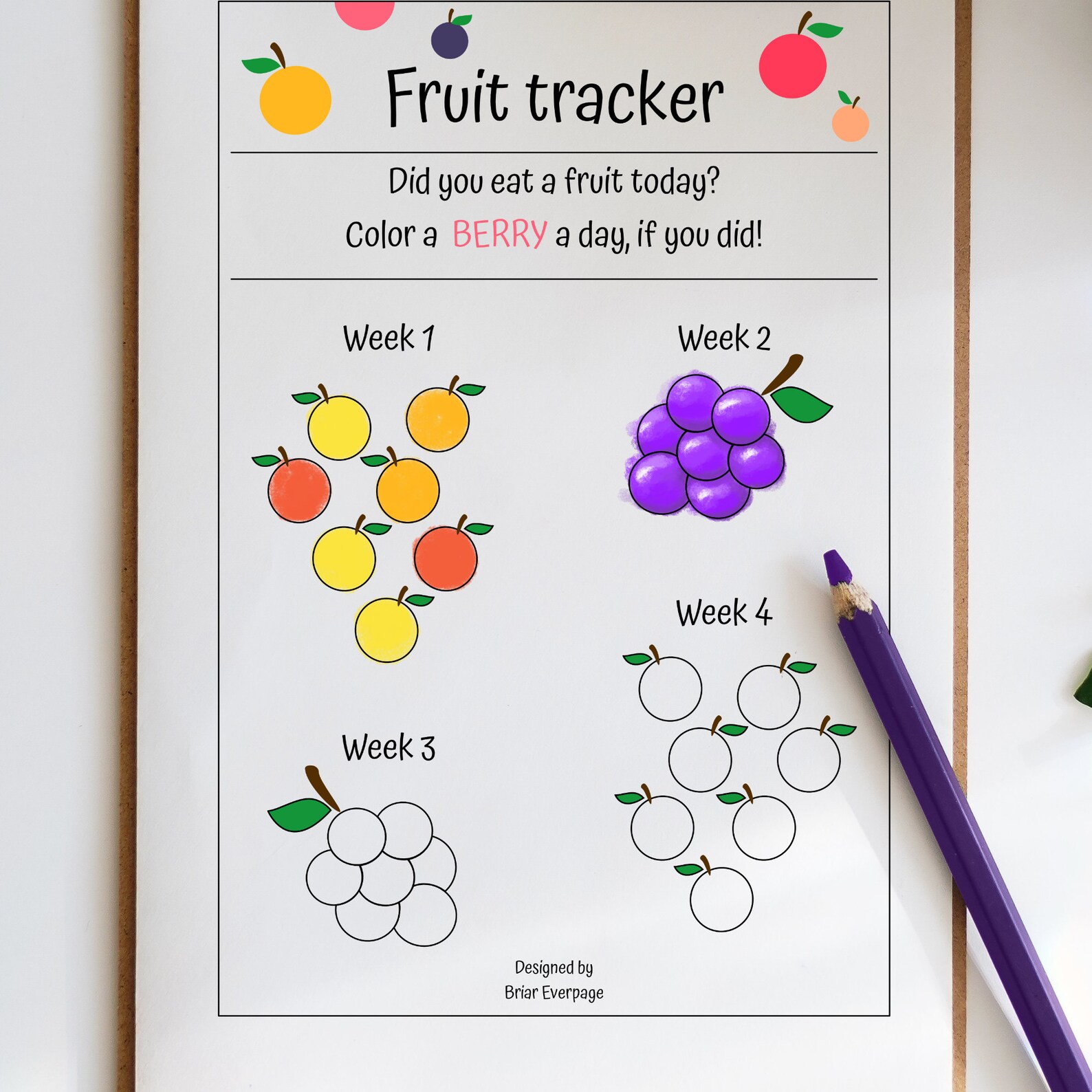 Printable Fruit Tracker, Healthy Food Tracker, Coloring Pages for ...