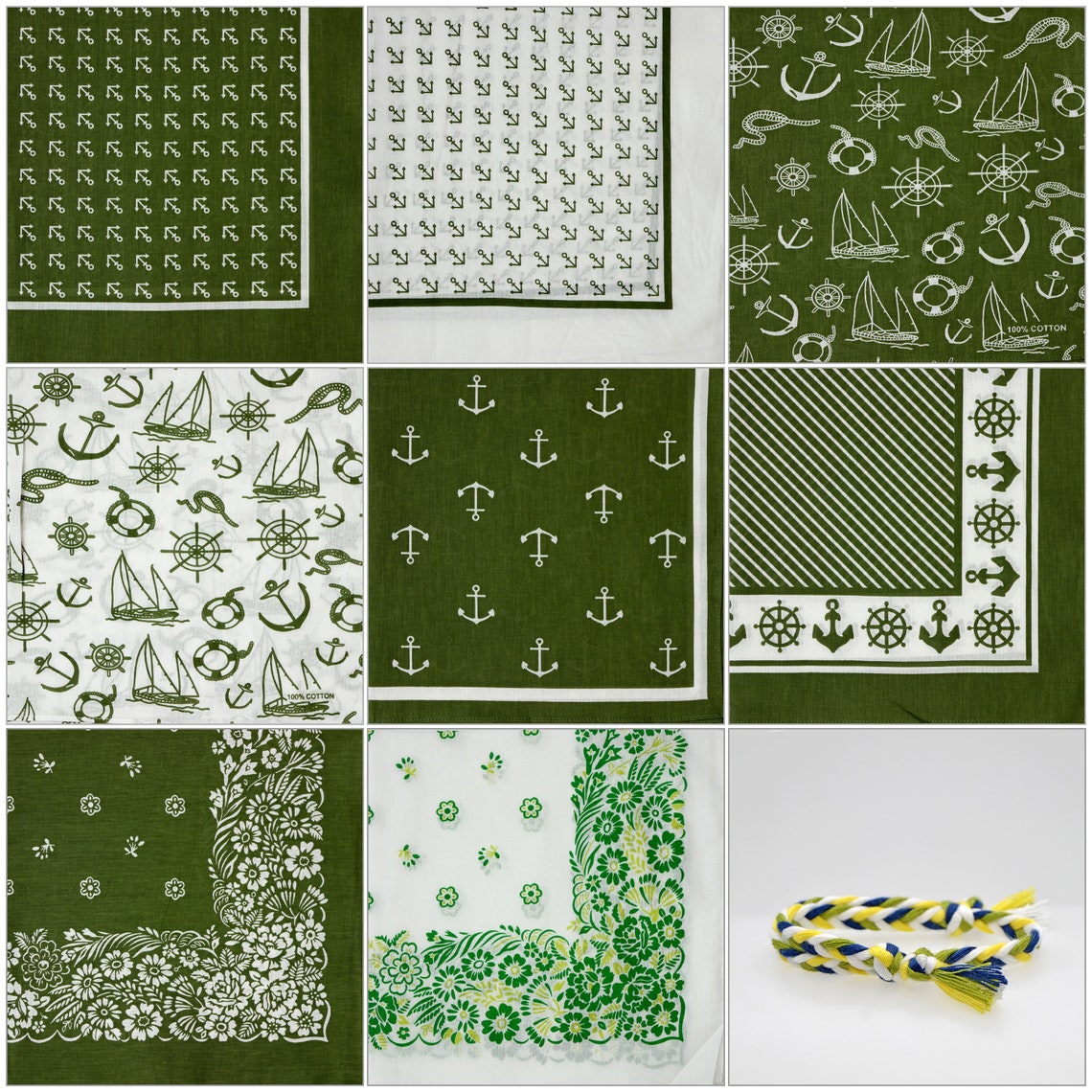 Olive Green White Floral 100% Cotton Bandanas Botanical Head - Etsy