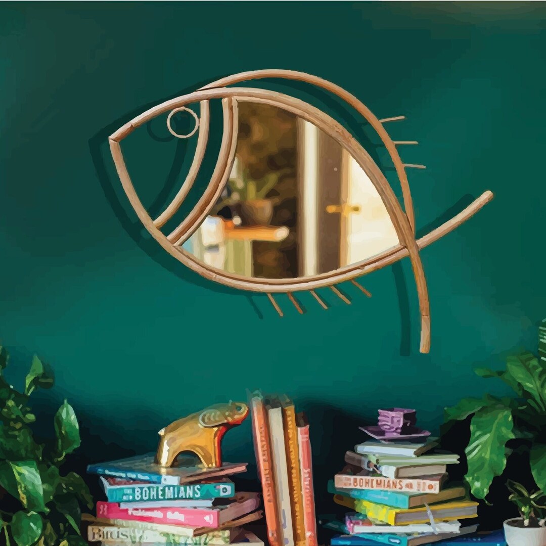 Rattan Fish-shaped Mirror Assembly Large Rustic Wooden Frame Accent ...