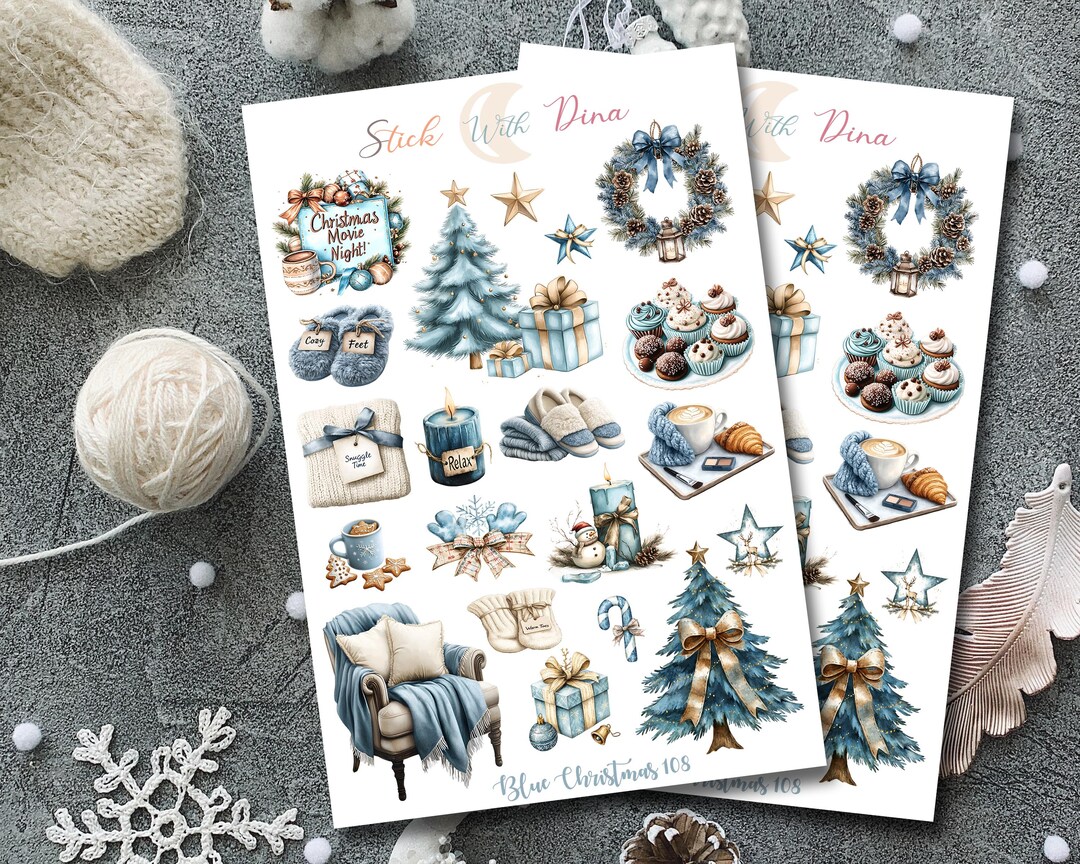 Blue Festive Stickers, Christmas Winter Sticker Sheet, Cozy Winter ...
