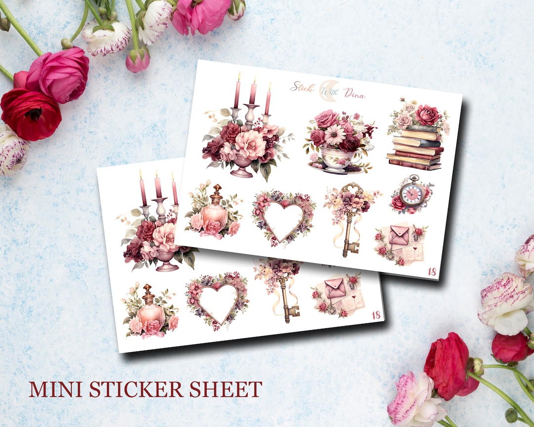 Mini Sticker Sheet Journal | Vintage Floral Bujo Stickers, Valentines ...