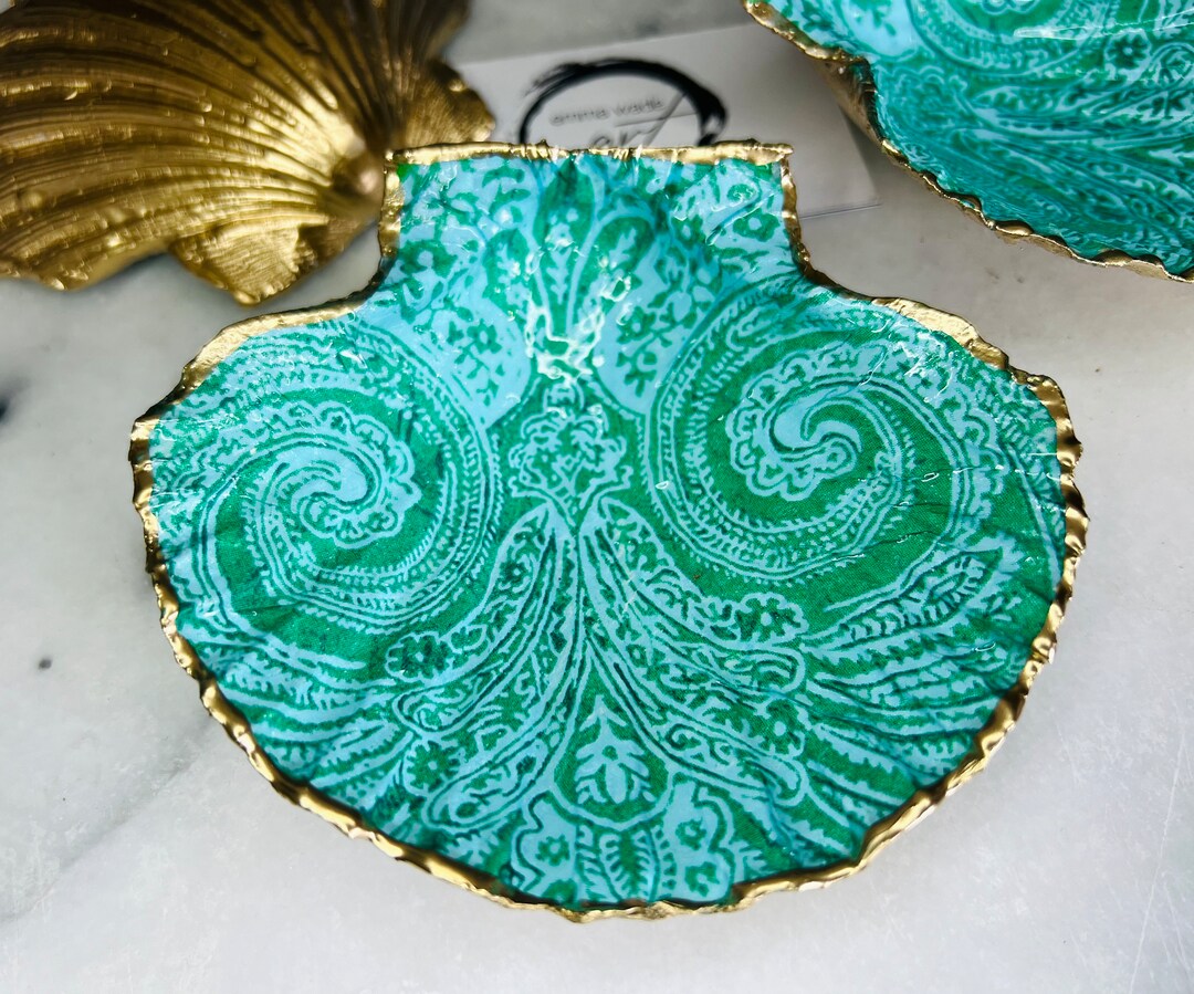 Green and Aqua Paisley Dorset Scallop Shell Trinket and Jewellery Dish ...
