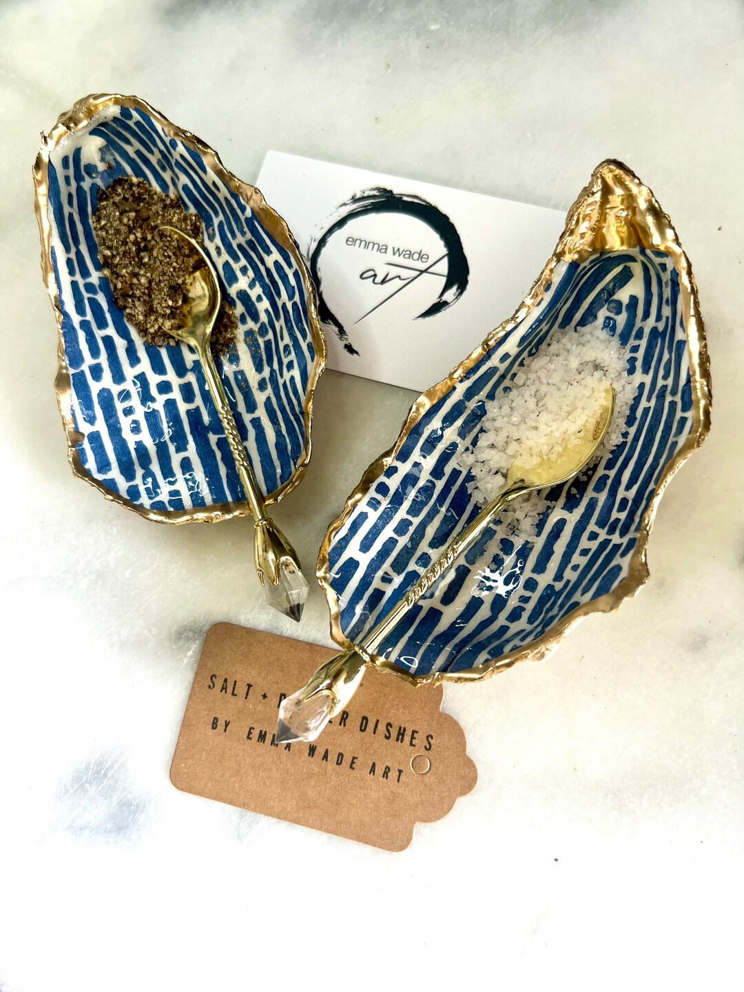 Blue Lines Oyster Shell Salt & Pepper Pinch Pots, Gold Leaf Trim Shell ...