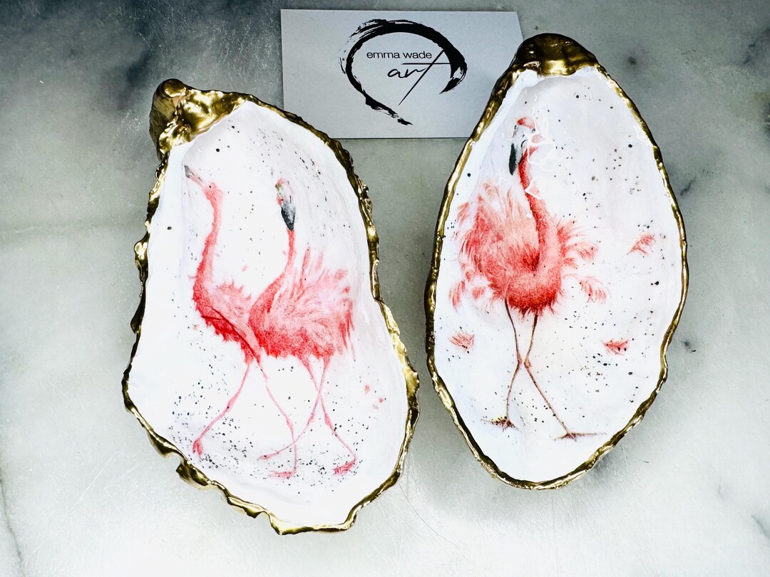 Pink Flamingo Oyster Shell Trinket Dish | Hand Gilded Gold Leaf ...