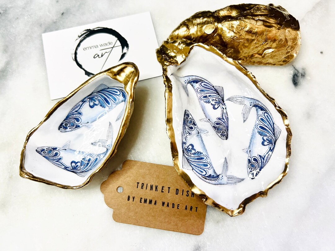 Blue and White Paisley Fish Dorset Oyster Trinket Jewellery Shell Dish ...