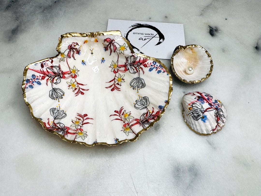 Floral Dorset Shell Ring Dish Set: Gilded Gold Leaf Scallop & Cockle ...