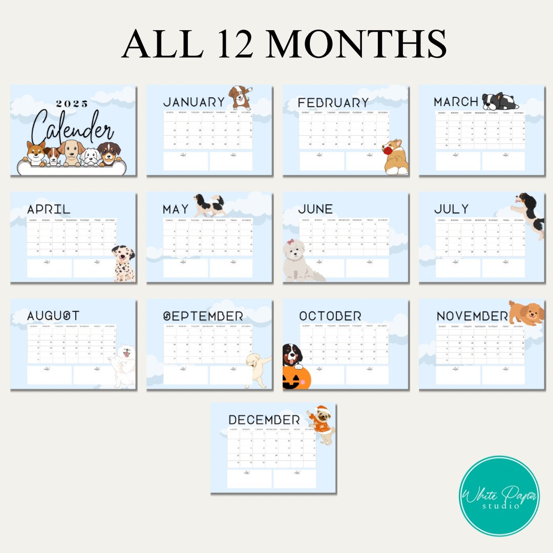 2025 PRINTABLE CUTE DOG Theme Calender Colourful Calender Instant ...