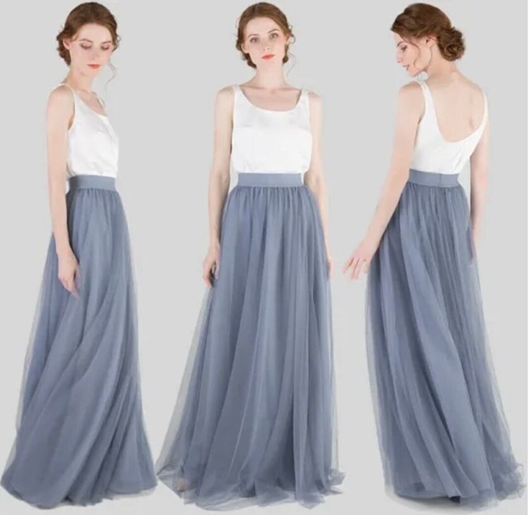 Dusty Blue Grey Tulle Maxi Skirt, Boho Wedding Bridesmaids Skirt ...