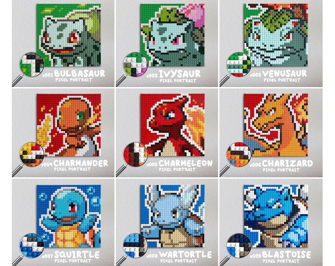Generation 1 Starters / Pokemon Pixel Art Portraits 10x10" / Pixel ...