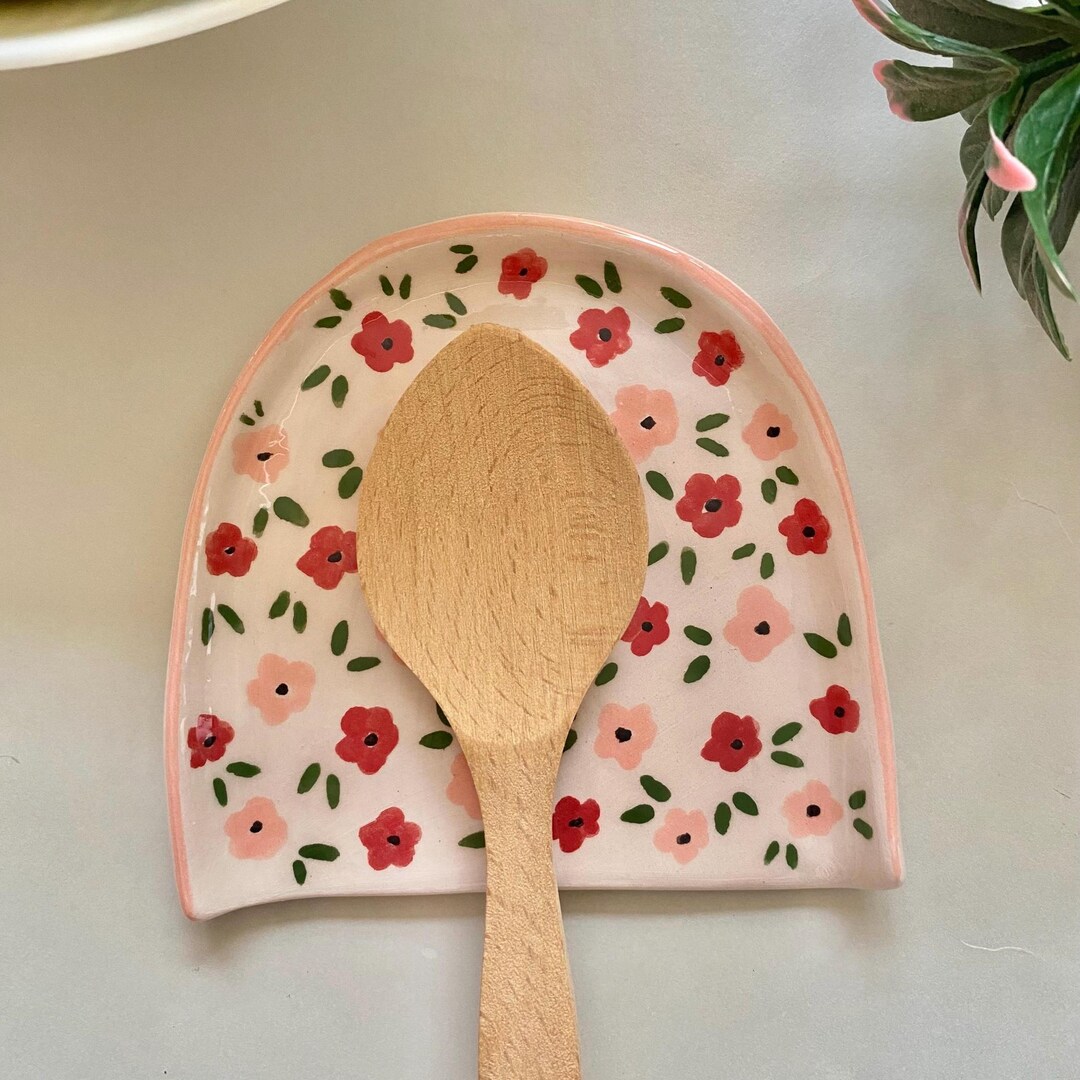 Handmade Ceramic Spoon Rest, Village Spoon Rest, Hand Painted Spoon ...
