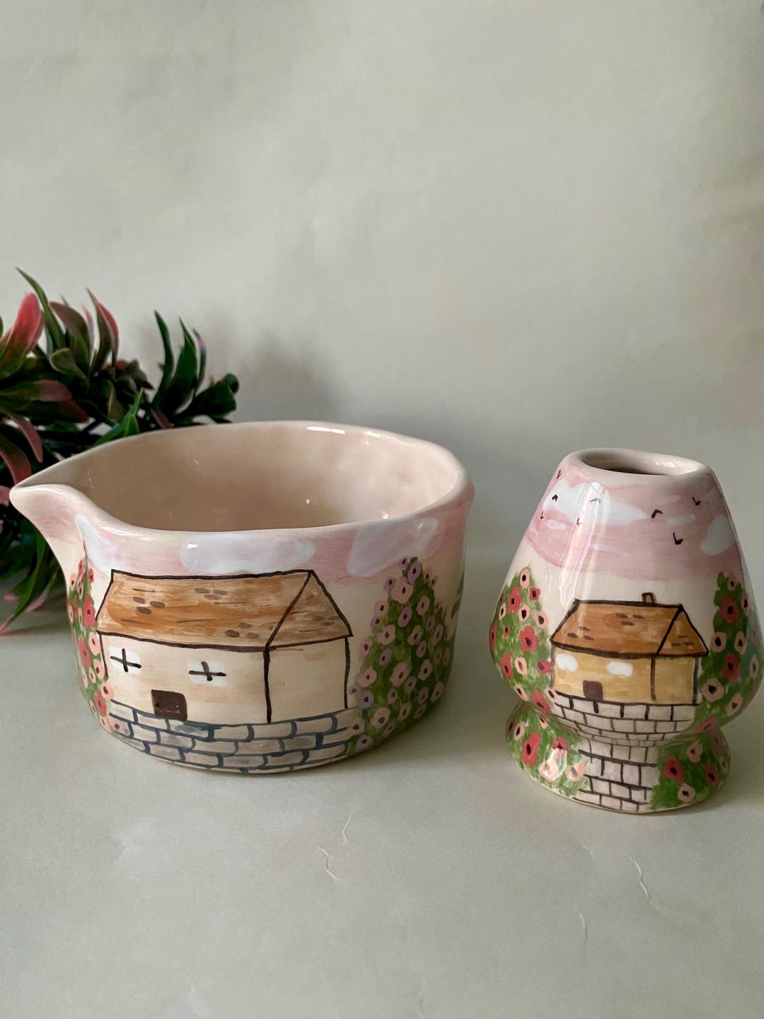Handmade Ceramic Matcha Set: Hand-painted Bowl & Whisk Holder - Etsy