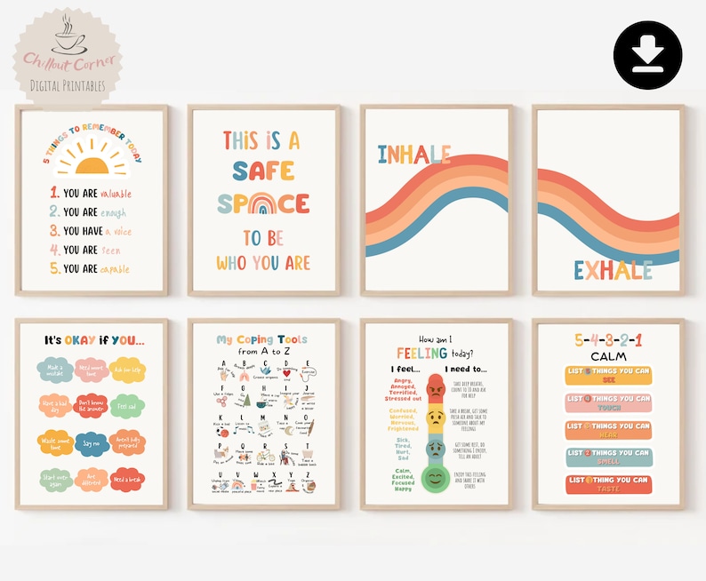 Set of 16 Calming Corner Posters, Coping Techniques Wall Art for Kids ...