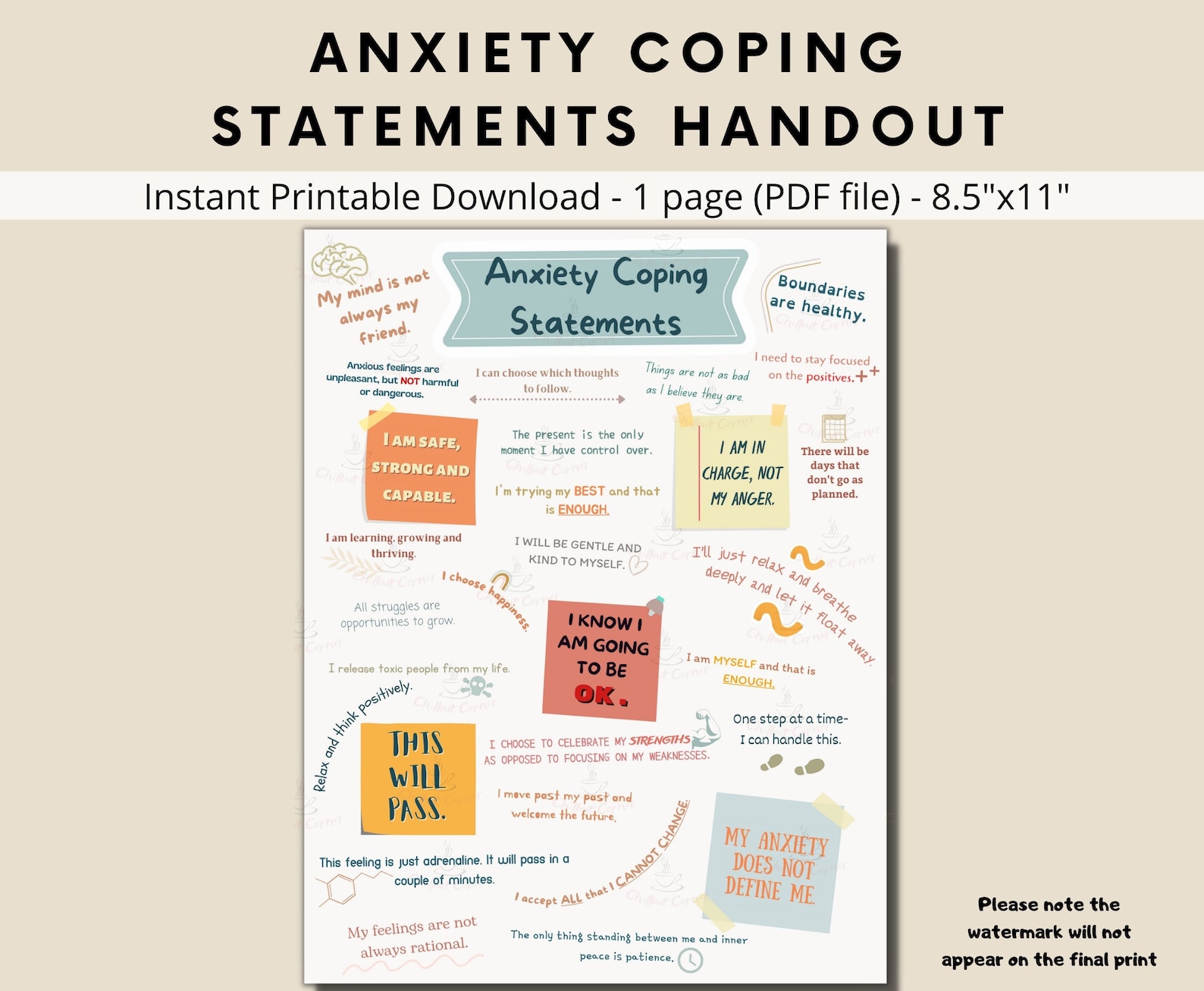 Anxiety Coping Statements Handout, Relief Affirmations for Teenagers ...