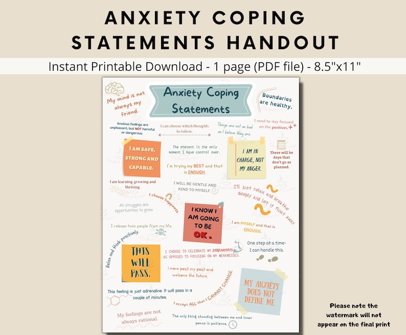 Anxiety Coping Statements Handout, Relief Affirmations for Teenagers ...