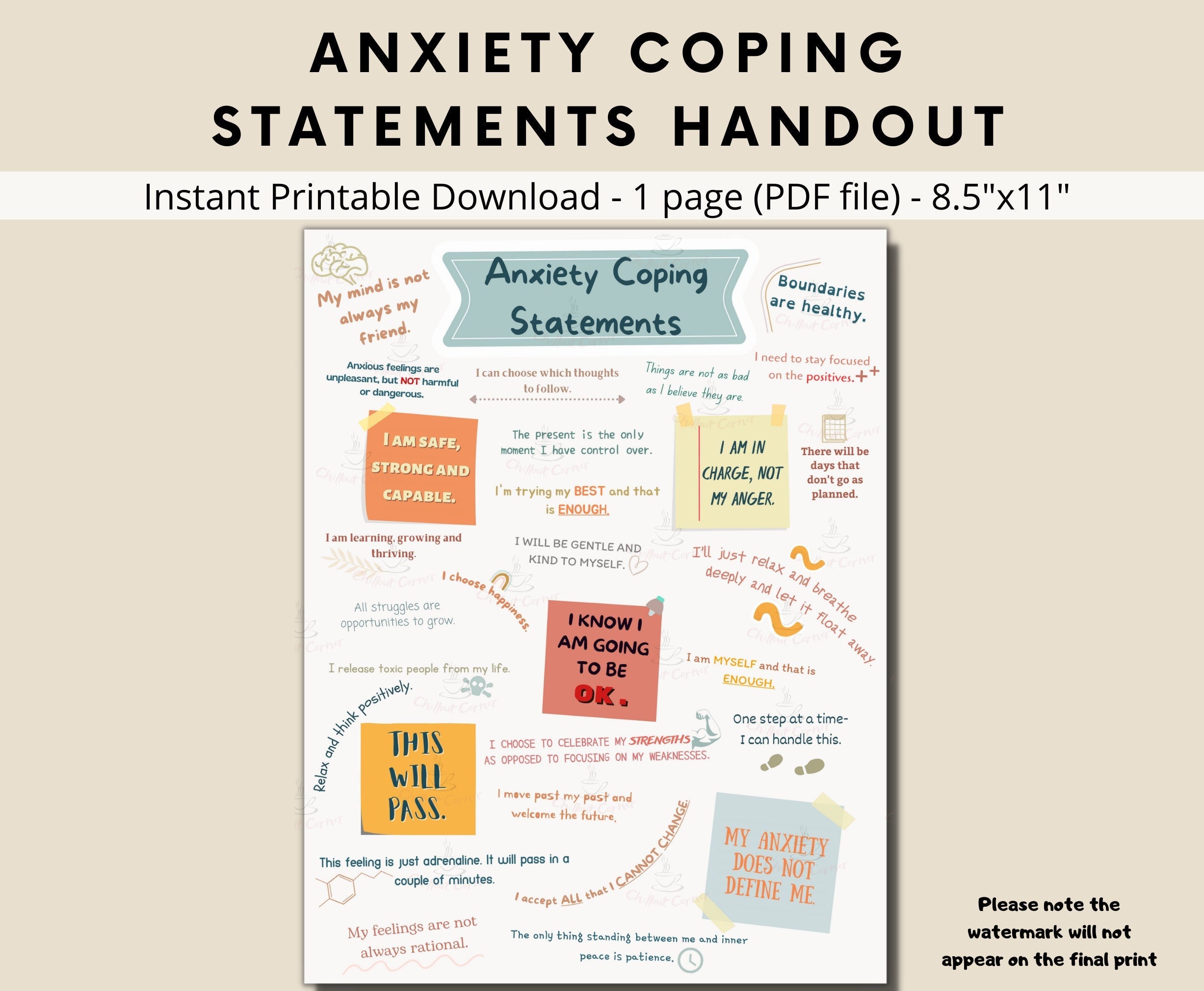 Anxiety Coping Statements Handout, Relief Affirmations for Teenagers ...