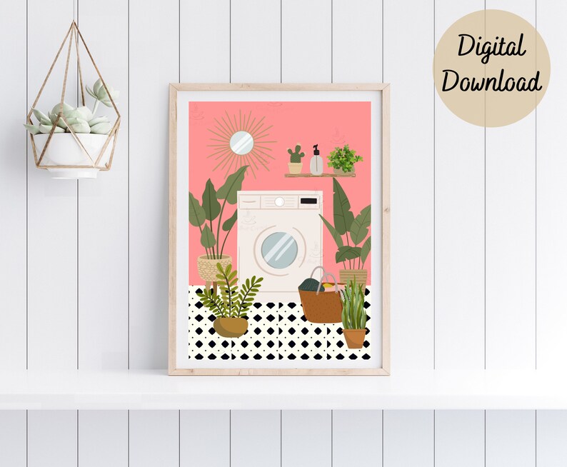 Pink Botanical Laundry Print, Boho Laundry Wall Art Tiled Floor ...