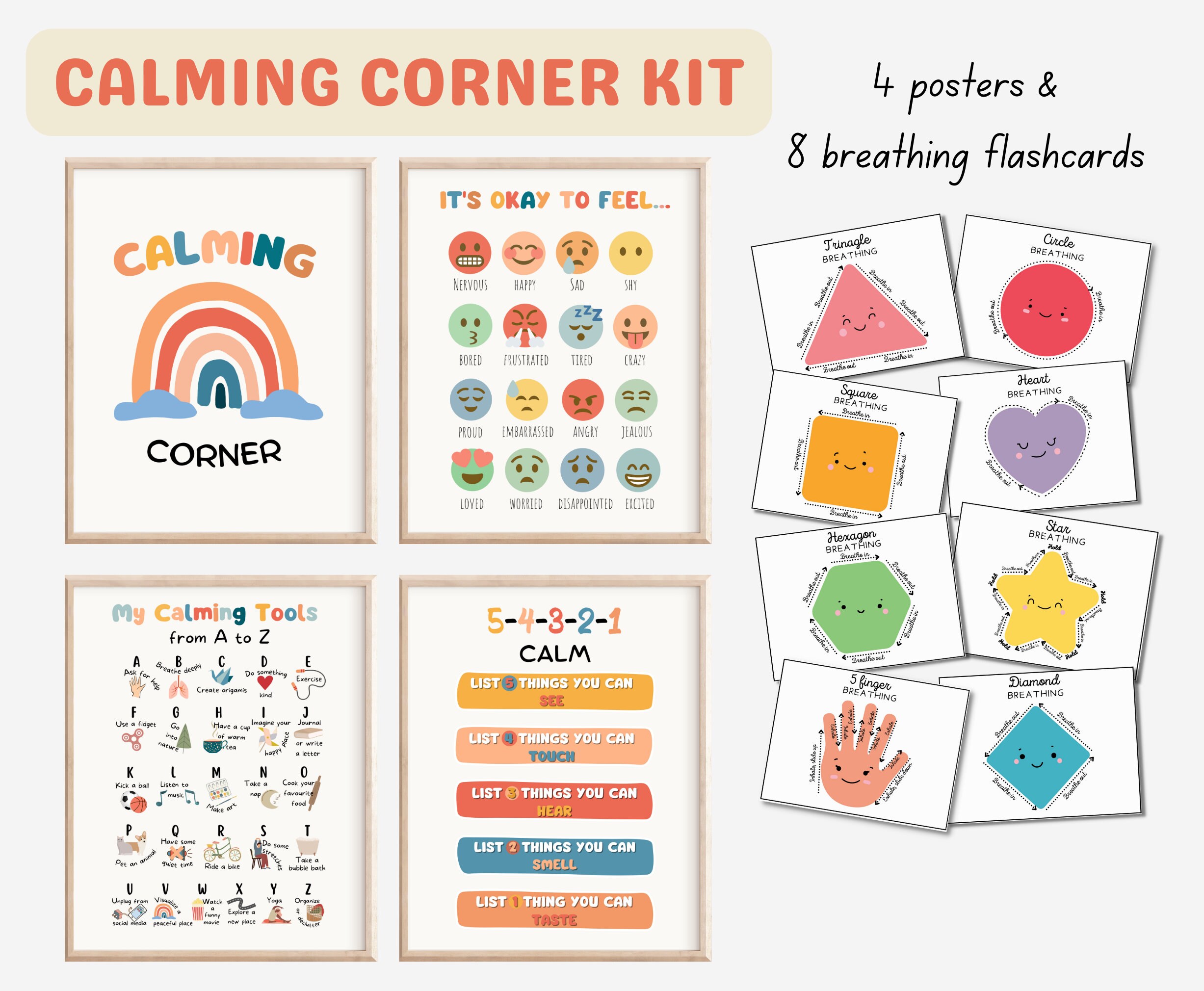 Calming Corner Kit, Set of 4 Posters and Breathing Flashcards, Coping ...