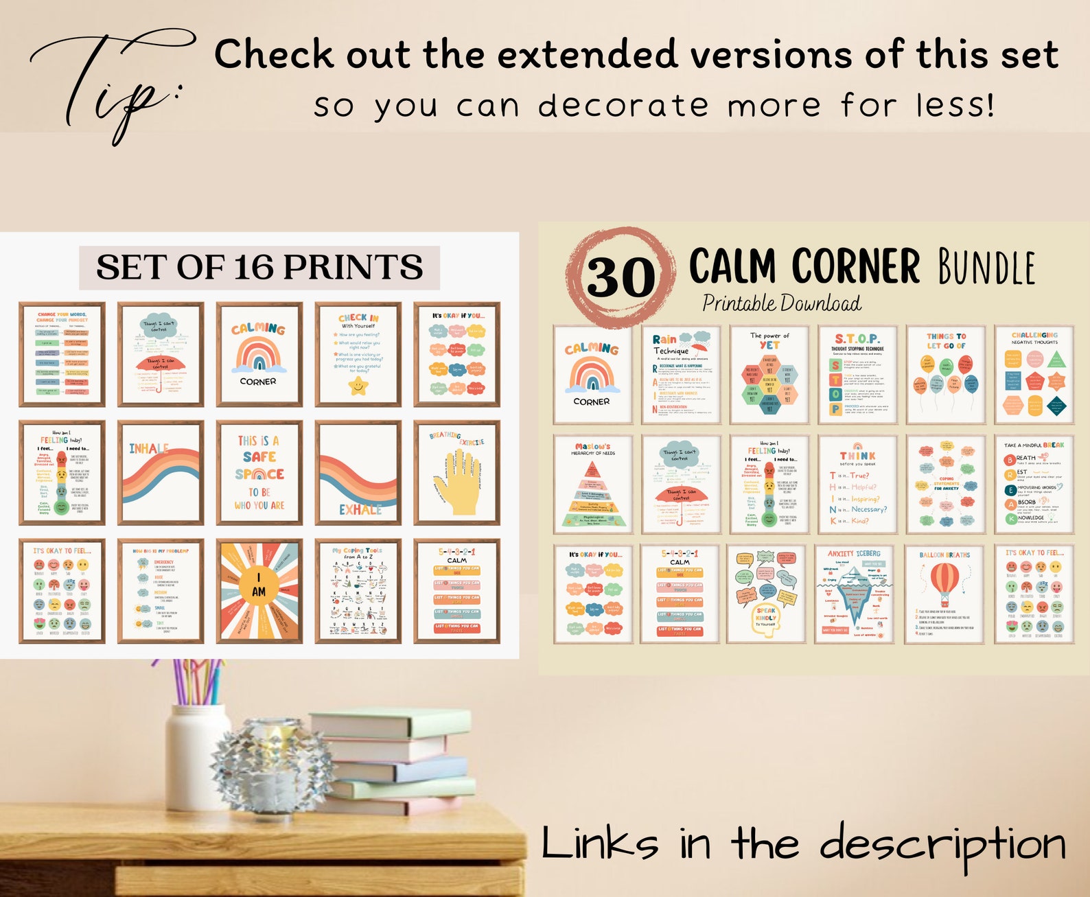 Set of 6 Calming Corner Posters, Coping Techniques Wall Art for Kids ...