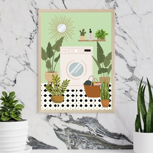 Botanical Laundry Print, Boho Laundry Wall Art, Tiled Floor Bathroom ...