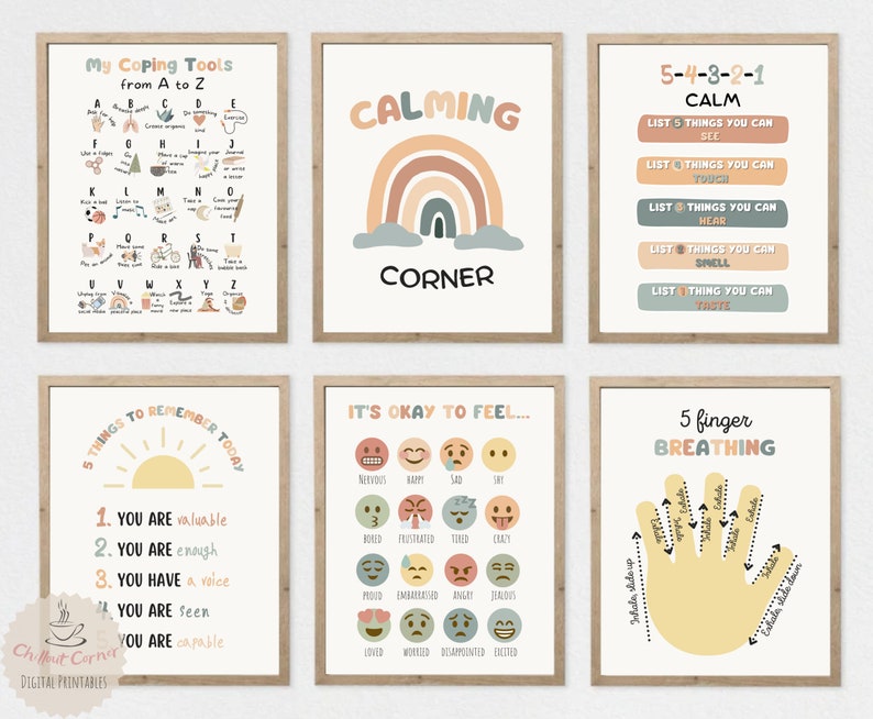 Set of 6 Soft Boho Calming Corner Posters Coping Techniques - Etsy UK