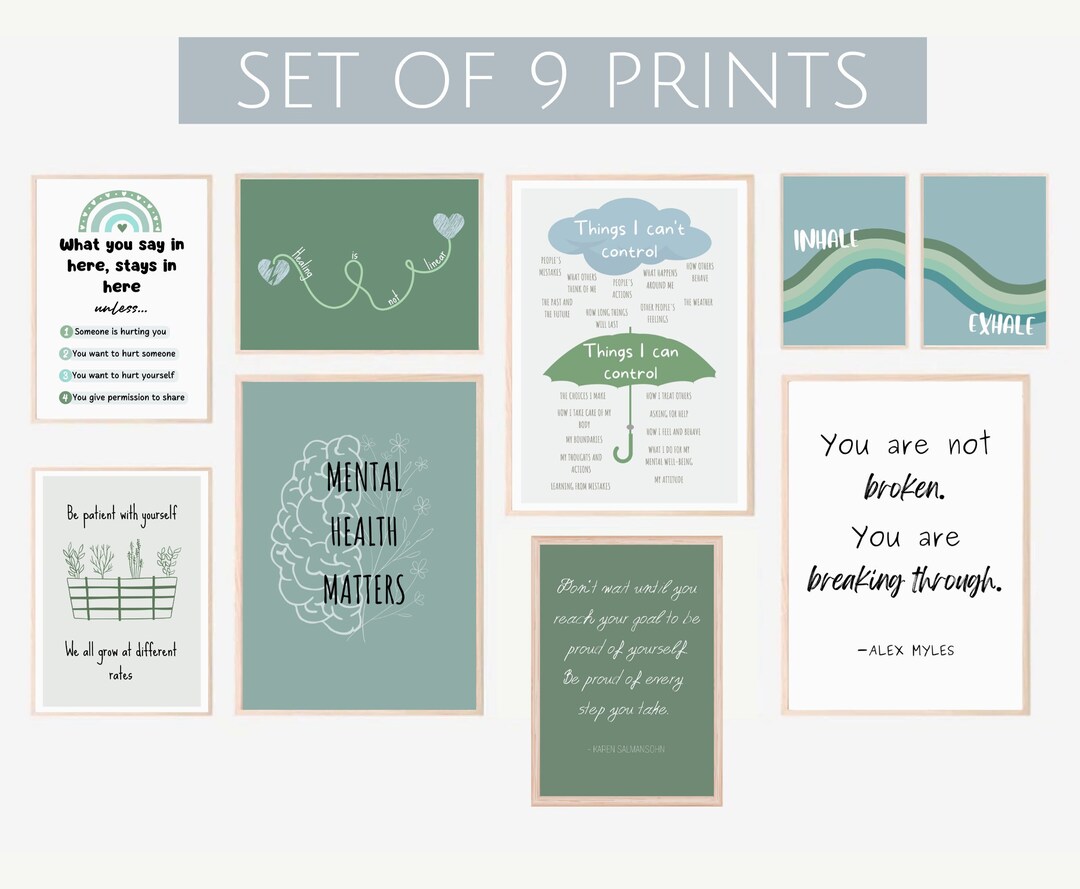 Set of 9 Counseling Posters (green-blue Version), Therapy Gallery Wall ...