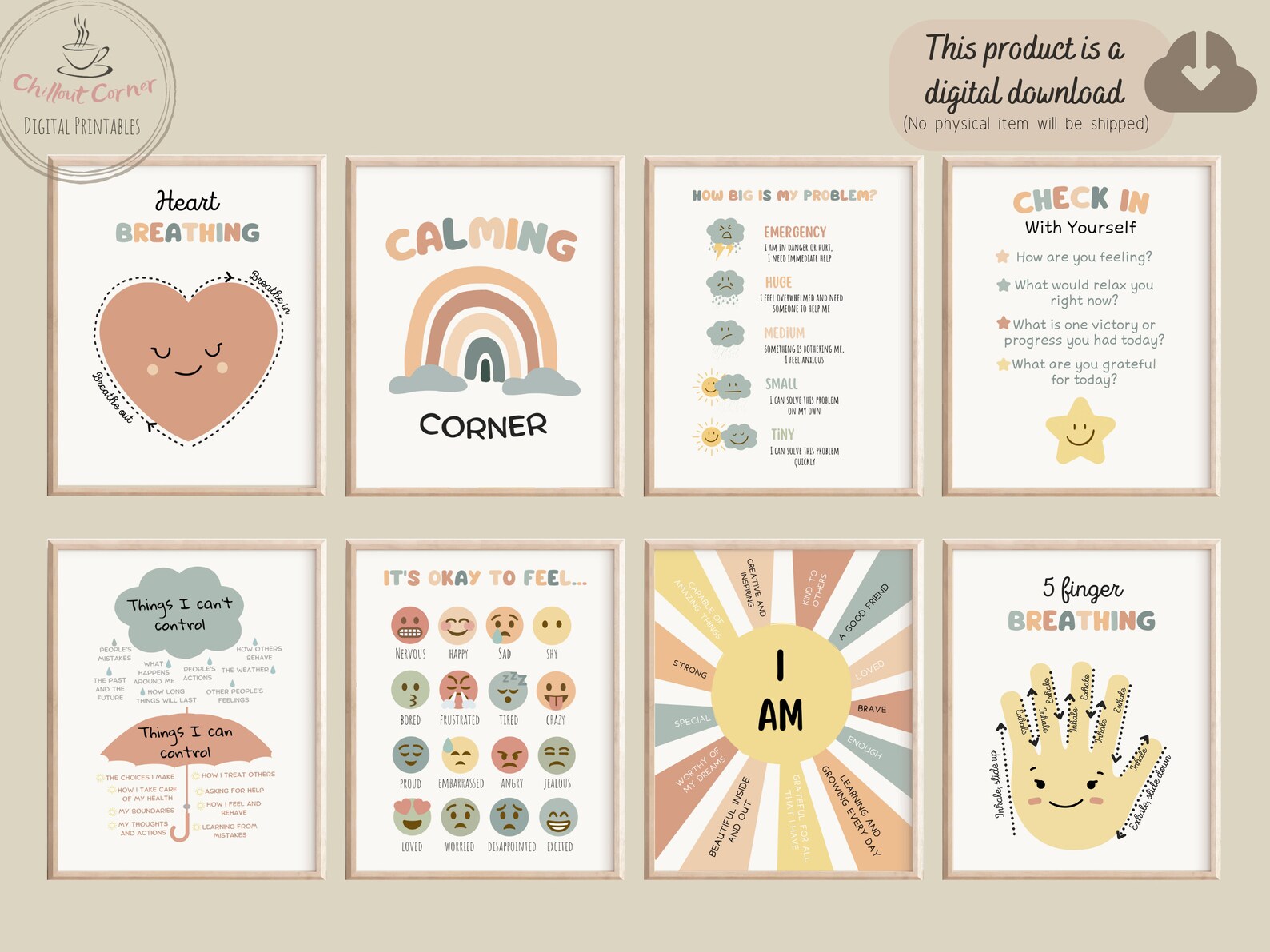 Set of 16 Soft Boho Calming Corner Posters, Coping Techniques Wall Art ...